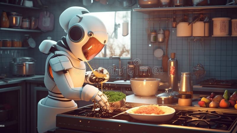 3d Rendering Humanoid Robot Cooking Spaghetti in the Kitchen. Stock ...