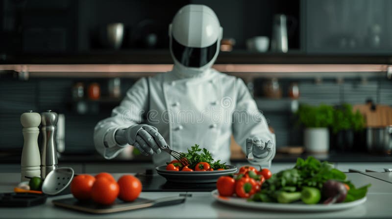 A Robot Chef in a Futuristic Kitchen Prepares a Complex Dish Stock ...