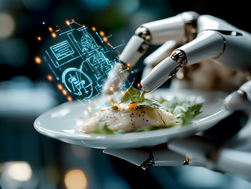 Robot Chef Garnishing Dish with Digital Interface Display in Futuristic ...