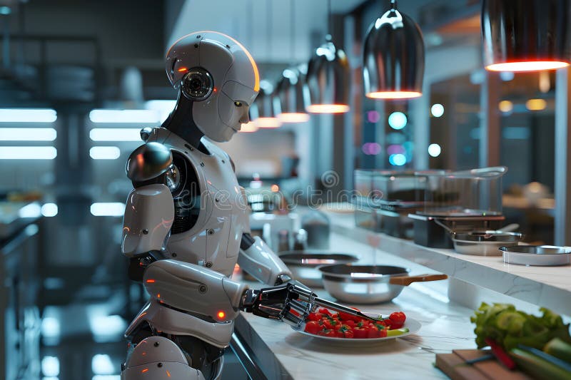 A Robot Chef Prepares Food in Spacious White Kitchen in Restaurant. the ...