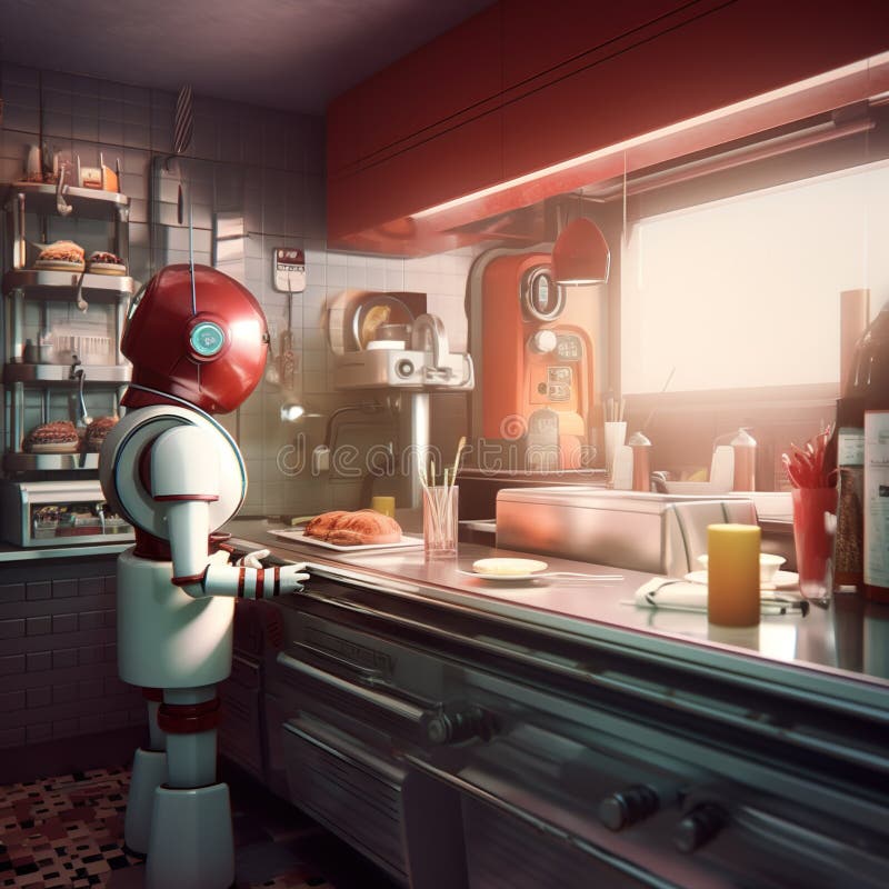 A Robot Chef Preparing Food in a 1950s-style Diner. Generative Ai Stock ...