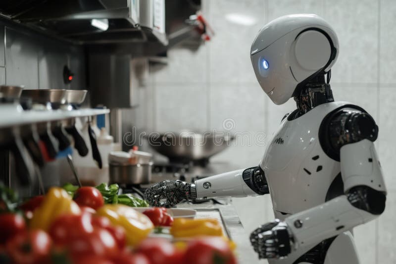Robot Chef Preparing Fresh Vegetables Modern Kitchen Culinary Tasks ...
