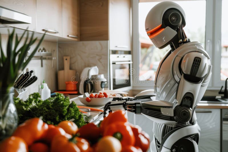 Robot Chef Preparing Fresh Vegetables in Modern Kitchen. Generative Ai ...