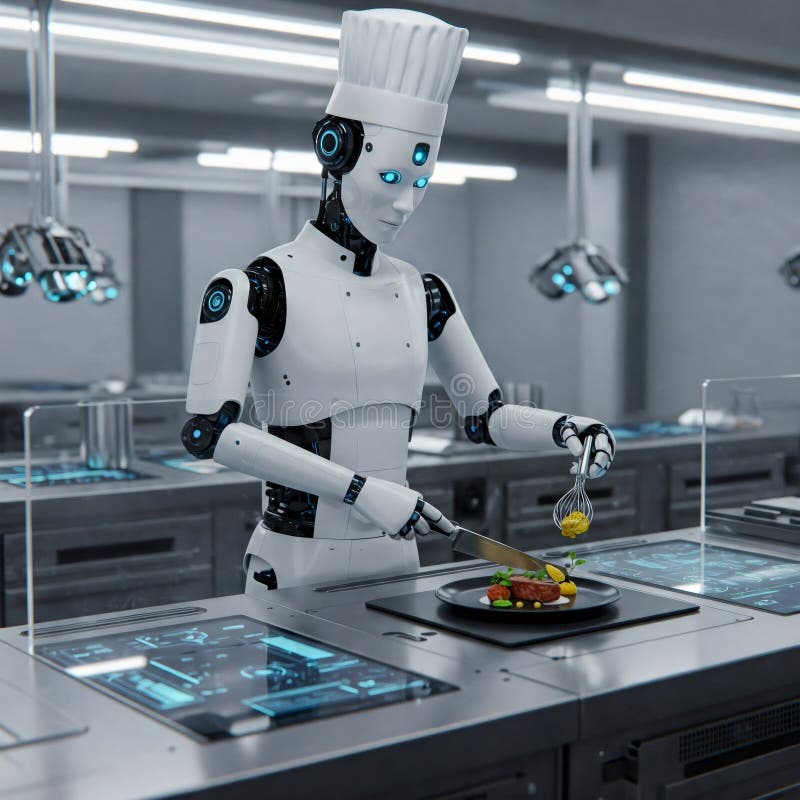 Robot Chef Preparing a Gourmet Dish in a Futuristic Kitchen Stock ...