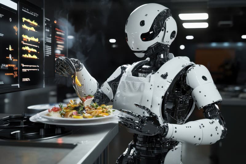 Robot Chef Preparing Gourmet Dish in Modern Kitchen with Advanced ...