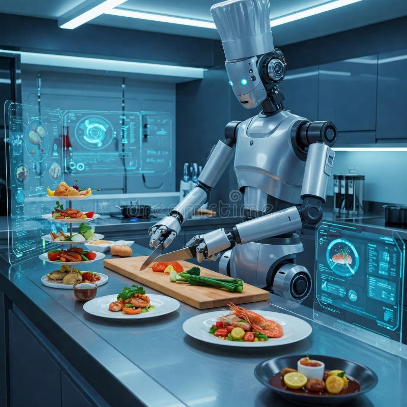 Robot Chef Preparing Healthy Meal in Futuristic Kitchen Using ...