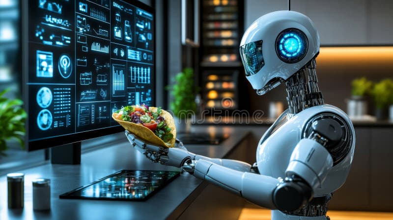 Robot Chef Preparing Meal. Futuristic Kitchen with Smart Home Devices ...