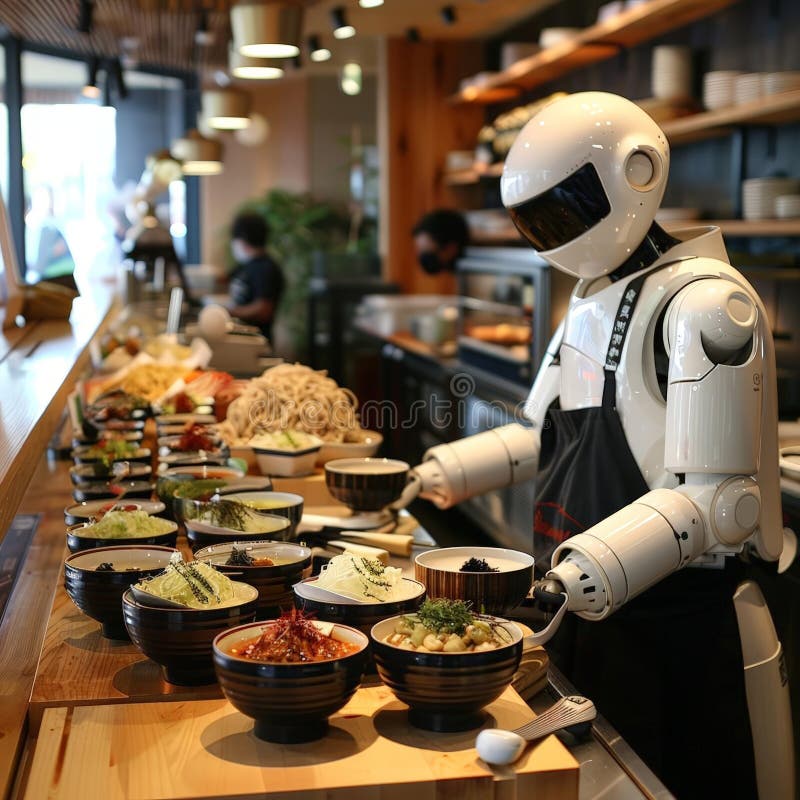 A Robot Chef is Preparing a Meal in a Restaurant. the Robot is Wearing ...