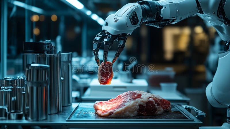 Robot Chef Preparing Meat in a High-tech Kitchen during Nighttime ...