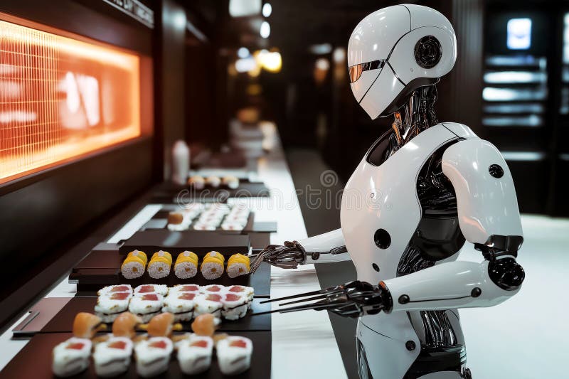 Robot Chef Preparing Sushi in an Elegant Restaurant Kitchen Stock ...