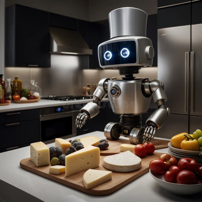Robot Chef Presents Cheese Platter in Modern Dark Kitchen Stock Image ...
