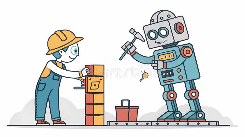 Robot and Child Constructing Block Tower Stock Illustration ...