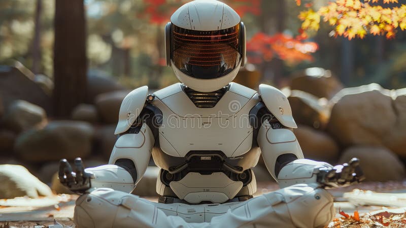Meditating Robot in White Suit Amidst Woods Stock Image - Image of ...