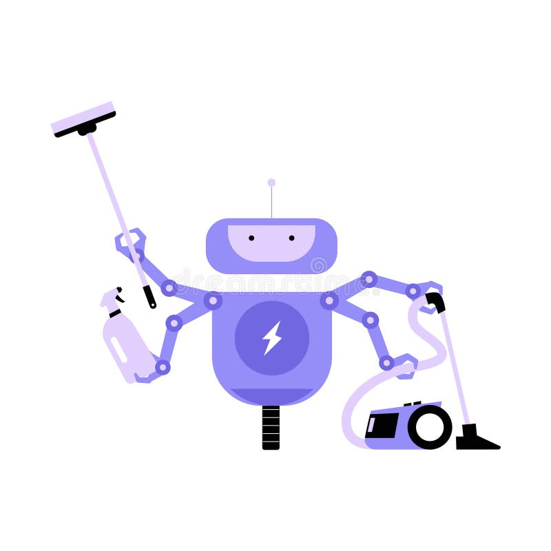 Robot Cleaner with Cleaning Equipment in Flat Vector Illustration ...