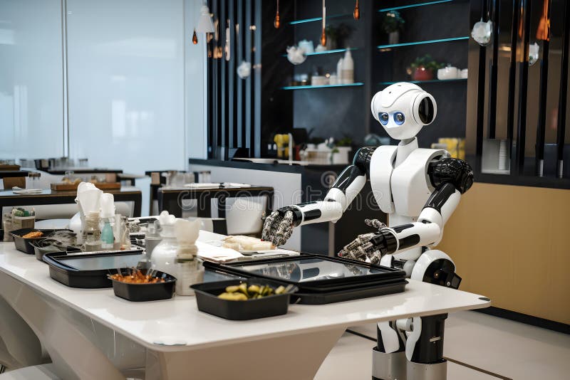 Robot Cleaning the Food from the Table in the Restaurant. Futuristic ...