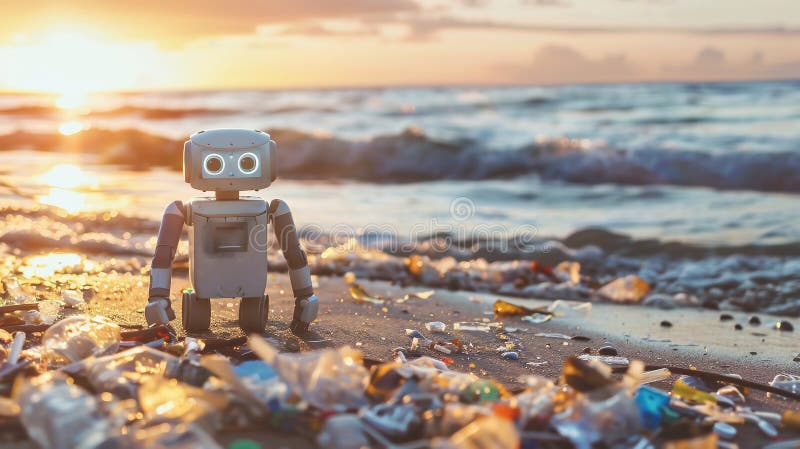 Robot Cleaning Plastic Waste on a Beach Stock Photo - Image of ...