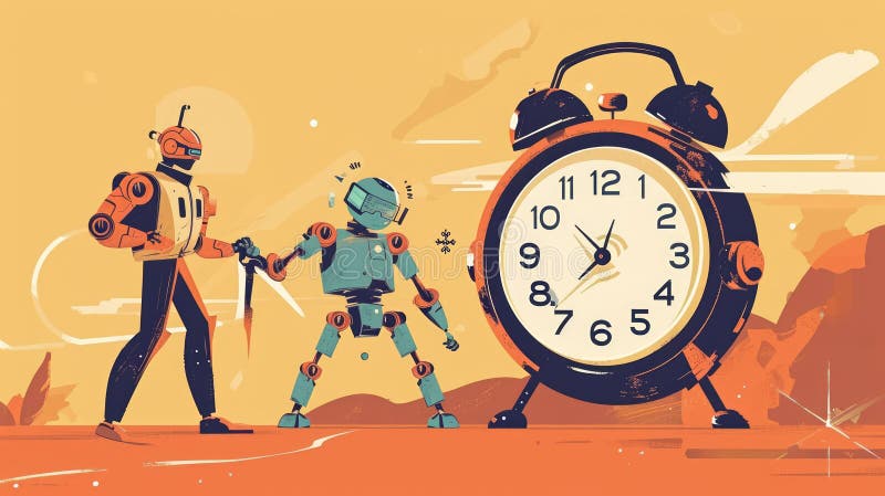 Robot and Clock. Illustration in Flat Style. Technology Concept Stock ...