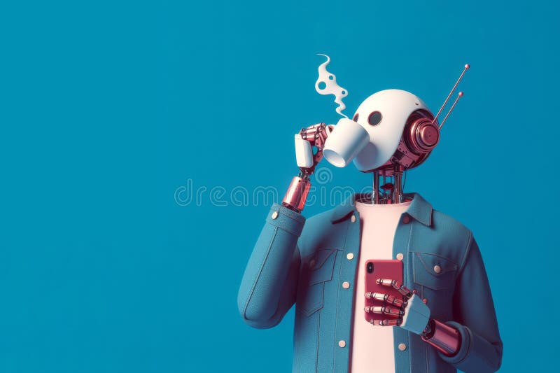 A Robot in Clothes Drinks Hot Coffee and Holds a Phone in His Hands ... A Robot in Clothes Drinks Hot Coffee and Holds a Phone in His Hands ...