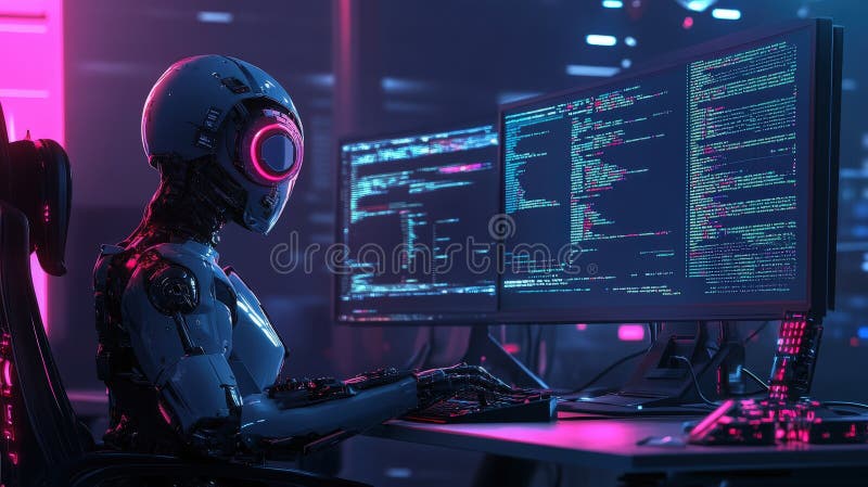 Robot Coder Working at a Neon-lit Screen in a Futuristic Setting Stock ...