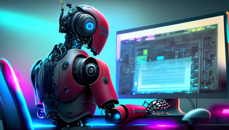 Robot with Computer. AI Generated Stock Illustration - Illustration of ...