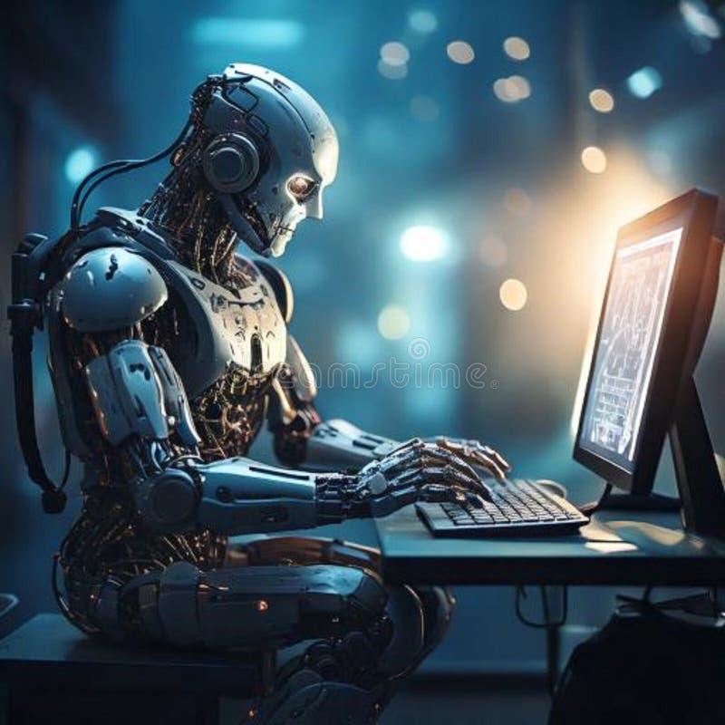 Robot with a Computer and a Lamp in the Mist Generative AI Stock ...