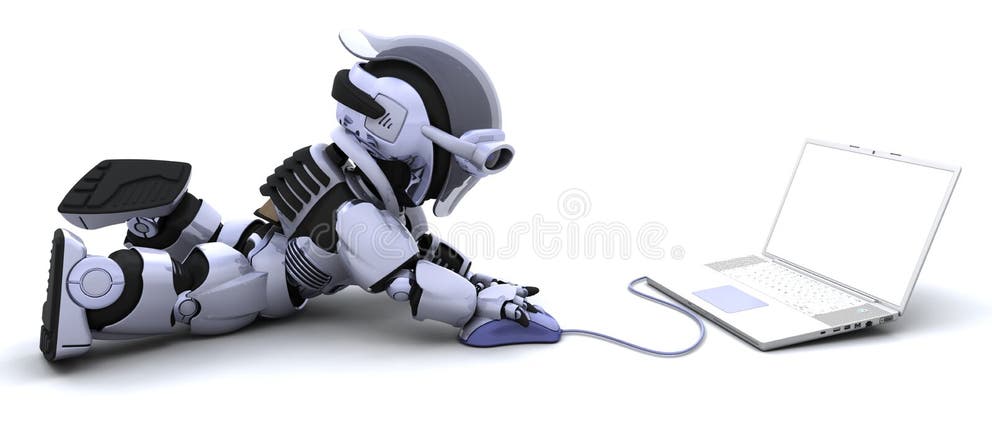 Robot with a Computer and Mouse Stock Illustration - Illustration of ...