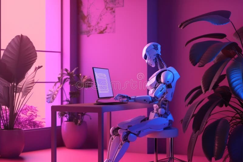 Robot with Computer. New Technologies. Artificial Intelligence. GPT ...