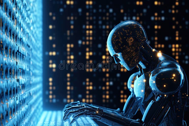 Robot Computer Programmer at Work. Futuristic Concept of AI and Software Development Stock Photo ...