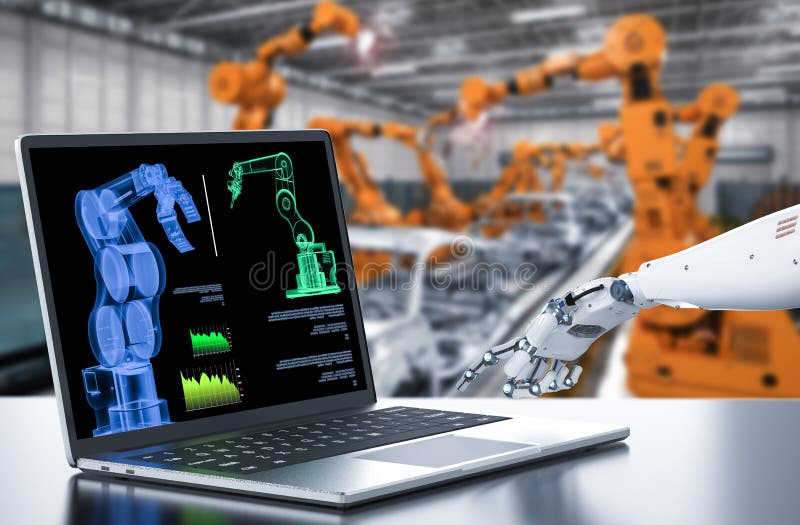 Robot Con Il Computer in Fabbrica Illustrazione di Stock ...