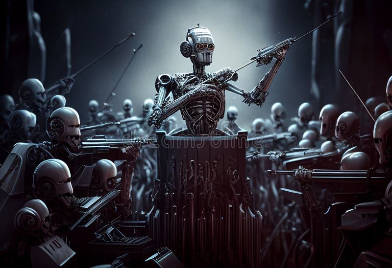 Robot Conductor Leads a Robotic Orchestra. AI Generated Stock ...