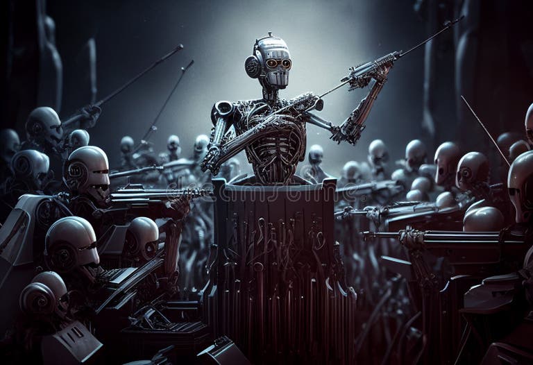 Robot Conductor Leads a Robotic Orchestra. AI Generated Stock ...