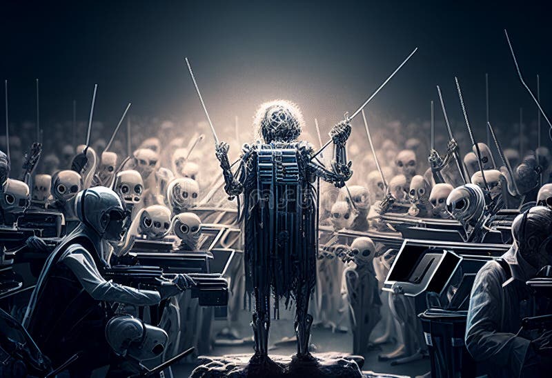 Robot Conductor Leads a Robotic Orchestra. AI Generated Stock ...