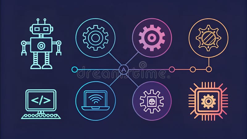 Robot Connected To Tech Icons - Computer, Microchip, Gear - Gradient ...
