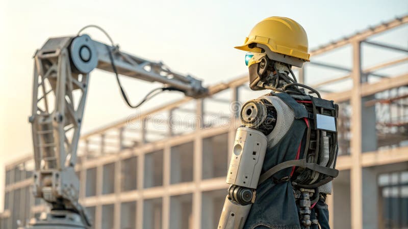 Robot Construction Worker Robotic Arm, Yellow Helmet, Building Site Stock Illustration ...