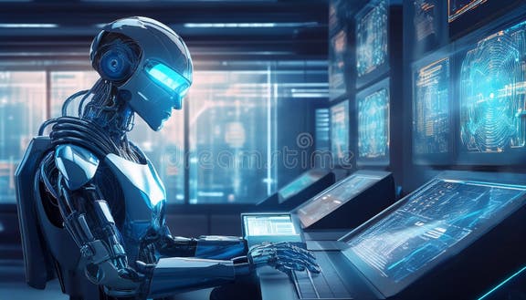 Robot in the Control Center Stock Illustration - Illustration of setting, night: 372964369