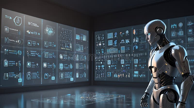 Robot in Control Room with Display Screens Stock Illustration ...