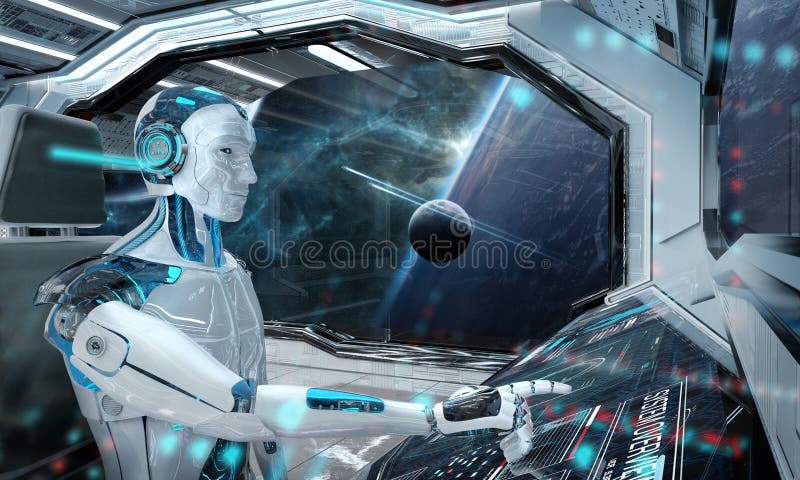 Robot in a Control Room Flying a White Modern Spaceship with Window ...