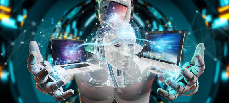 Robot Controlling Modern Devices Interface System 3D Rendering Stock ...