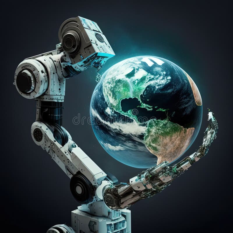 Robot Keeps the Earth Globe. Planet in Hands at High Technology Stock ...