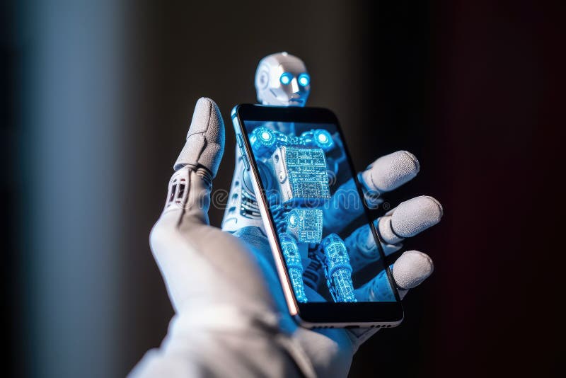 The Robot Controls, Writes on the Phone, Tablet. Stock Illustration ...