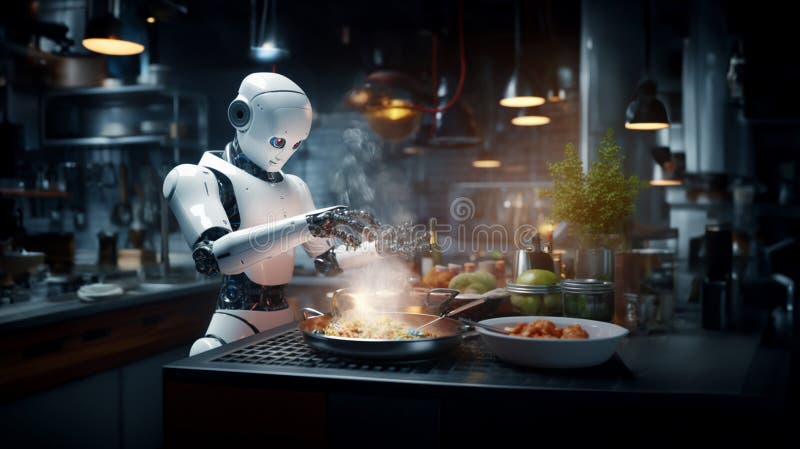 Robot Cook Prepares a Dish in the Kitchen of a Restaurant. AI Generated ... Robot Cook Prepares a Dish in the Kitchen of a Restaurant. AI Generated ...
