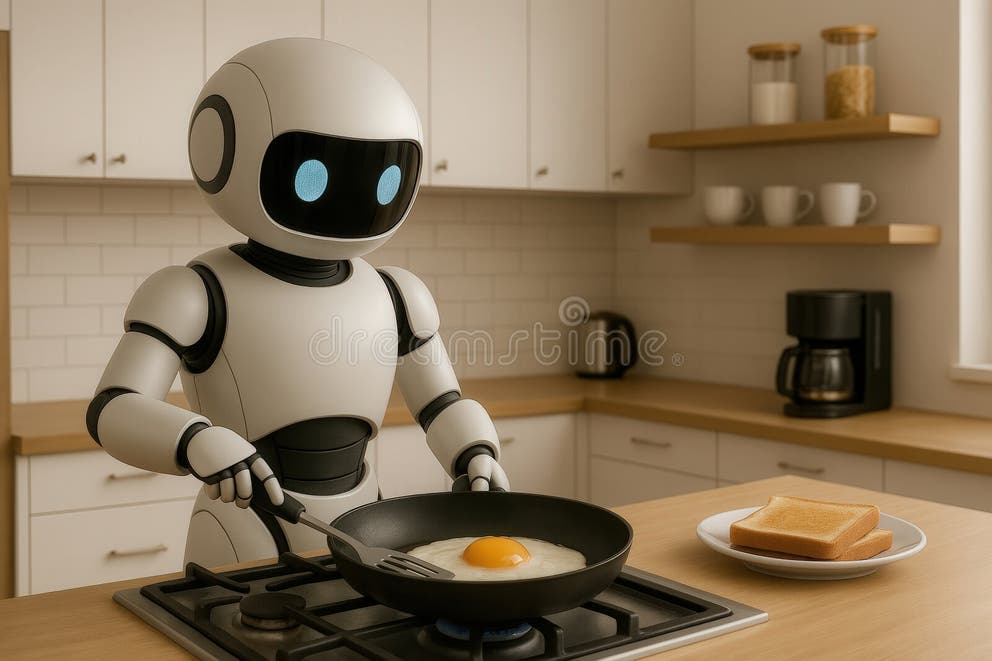 Robot Cooking Fried Egg in Modern Kitchen Stock Image - Image of robot ...