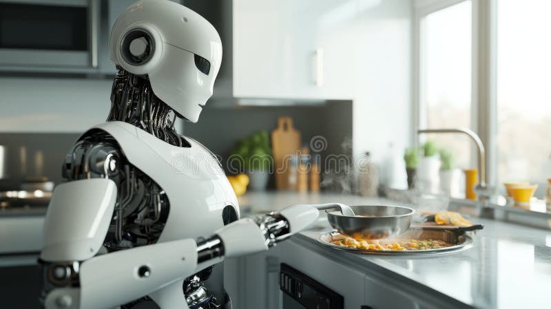Robot Cooking a Meal in a Modern Home Kitchen Stock Image - Image of ...
