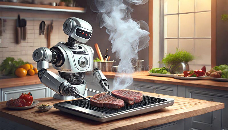 Robot Cooking Steak on Grill.AI Generated Stock Illustration ...