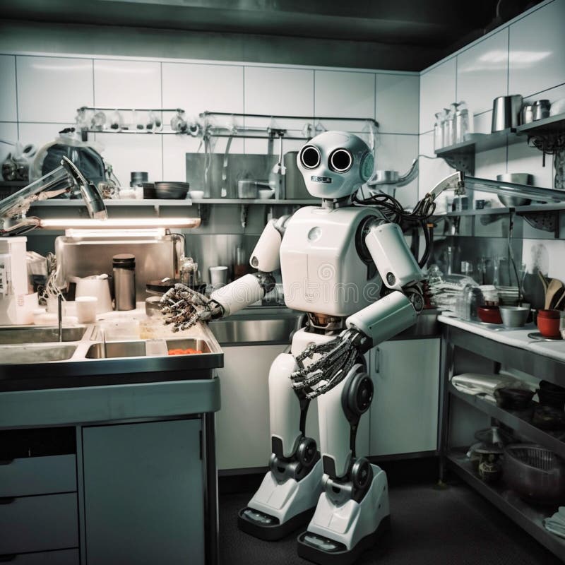 A Robot that Cooks in a Restaurant Kitchen, Stock Illustration ...