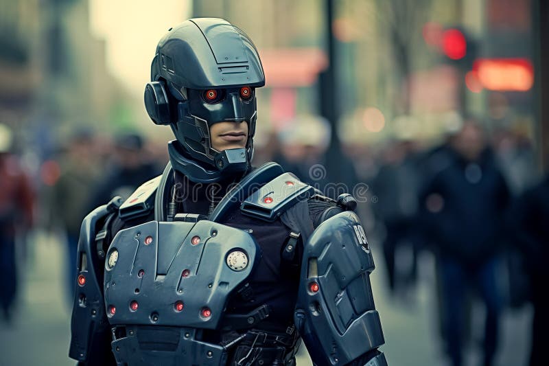 A Robot Cop Patrolling the Street Stock Illustration - Illustration of ...