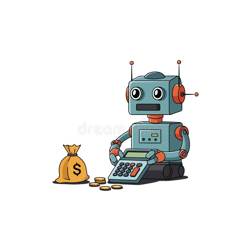 Robot Counting Coins with Calculator beside a Money Bag in Flat Vector ...