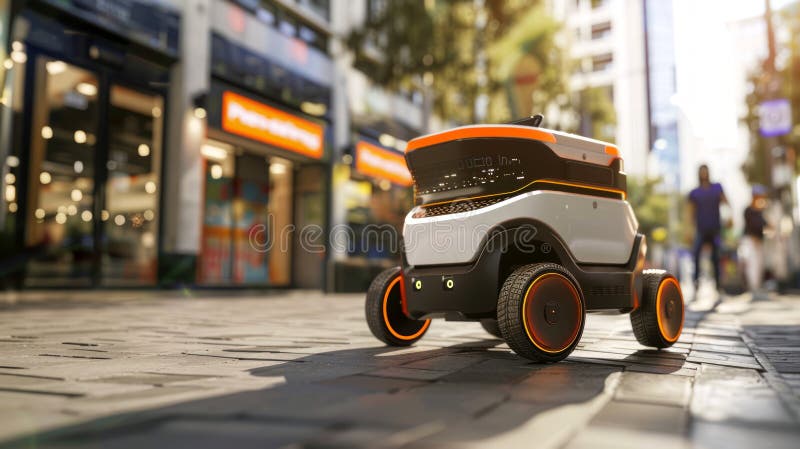 Robot Courier Delivering Goods in Housing Complex. Automated Delivery ...