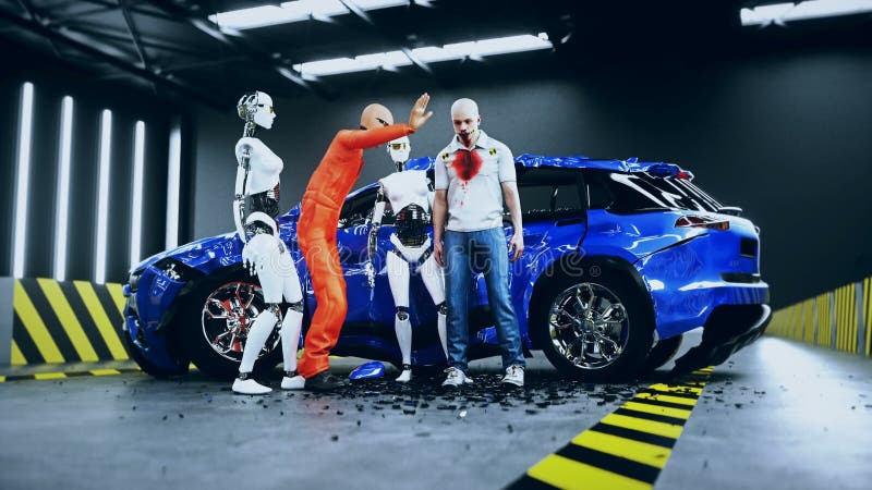 Robot Crash Test Dummy and Man. Future Concept. Realistic 4k Animation ...