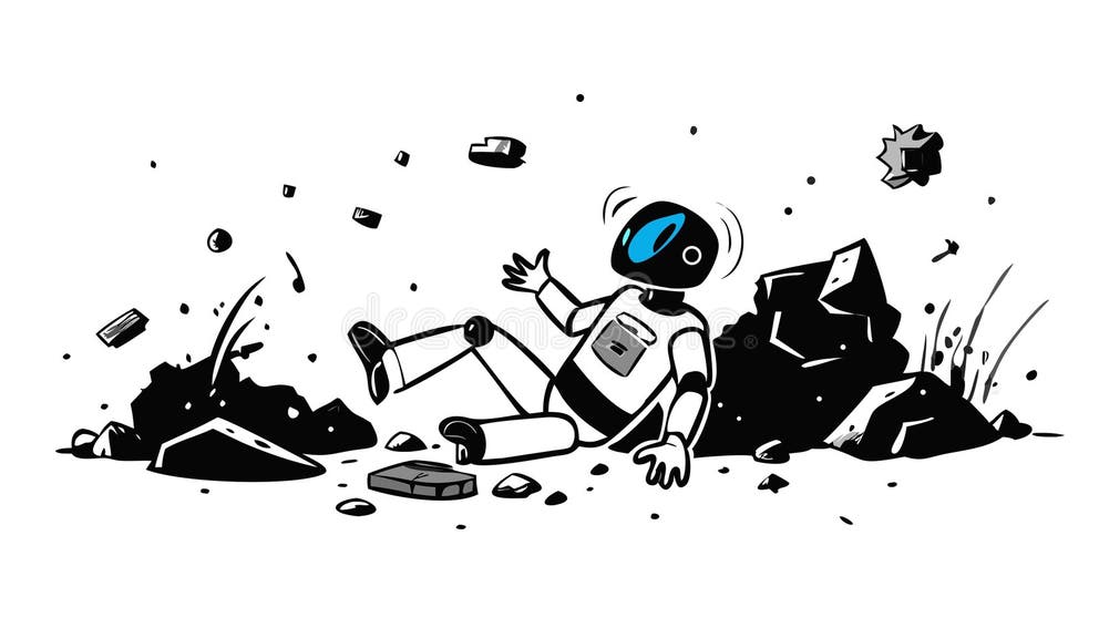 Robot Crashing into Ground. AI System Malfunction. Vector Design ...
